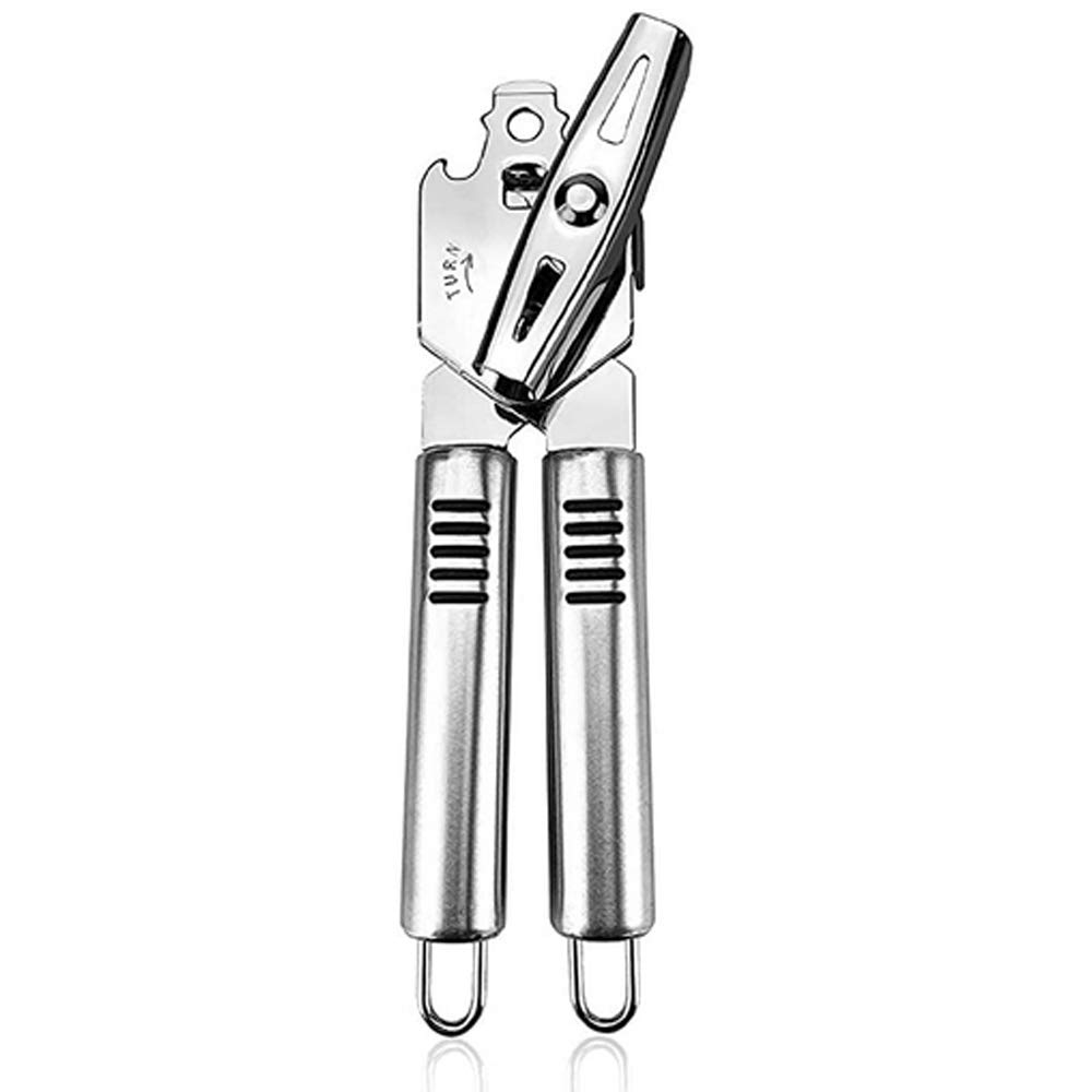 Stainless Steel Can Opener Manual Food-safe Good Grips with Built-in Bottle Opener Smooth Edge Stainless Steel Sharp Blade Safe Cover for Beer/Tin/Bottle, Food Grade-Silver