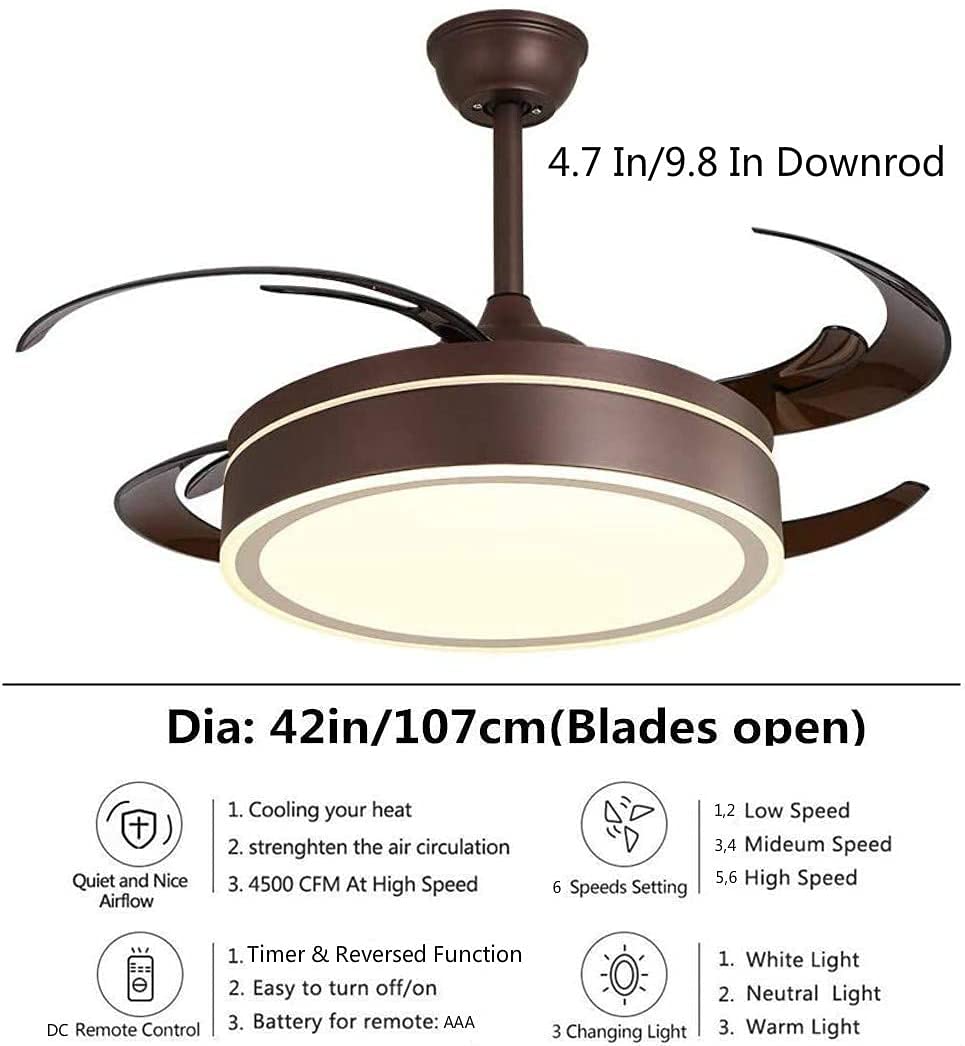 Lighting Groups 42" Retractable Ceiling Fans with LED Light Remote Control 4 Invisible Clear ABS Blades Livingroom Diningroom Fan Chandelier Indoor Ceiling Light Kits with Fans (Brown)