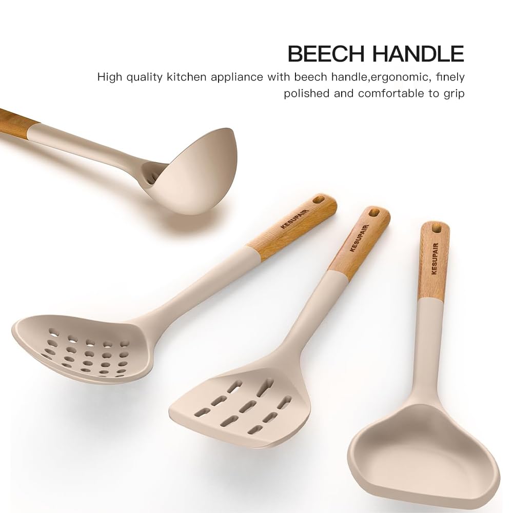 Kesupair Silicone Kitchen Utensils Set - Heat Resistant Silicone Cooking Utensils for Cooking Wooden Handles, Spatula Set, Kitchen Utensil Tools and Gadgets Sets for Non-Stick Cookware (Dark Grey)