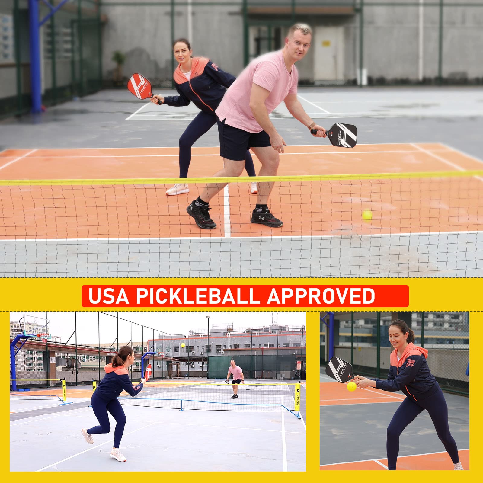 Pickleball Paddle, Spin Grit, USAPA Approved, Fiberglass Face,16MM Thick Honeycomb Polymer Core,5.6 inch Long Handle-HEICK Nonstop