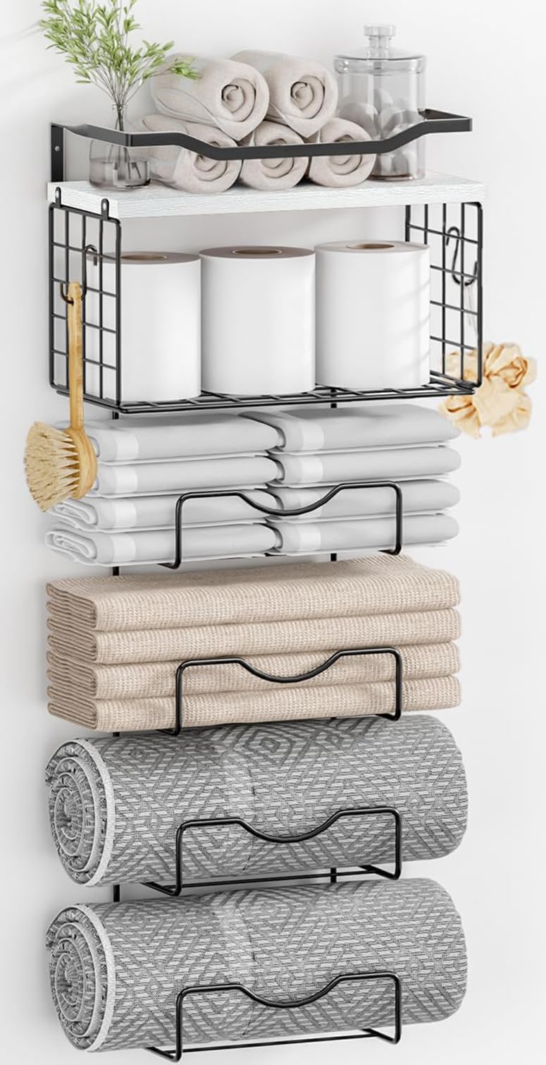 Towel Racks for Bathroom,Towel Rack Wall Mounted, 6 Tier Rolled Or Folded Towel Holder with Floating Shelves, Bathroom Towel Holder for Bath, Hand Towels,Metal,Full White