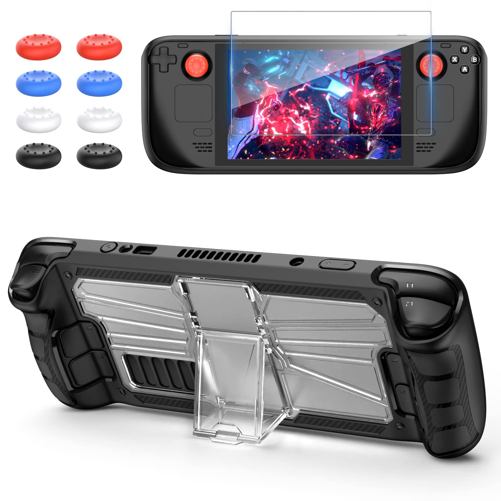 Protective Case with Stand for Steam Deck, GORIXER TPU+ PC Protective Cover Accessories with Kickstand & Screen Protector& Thumb Grips, Full Protection, Non-Slip, Anti-Collision for Steam Deck - Black
