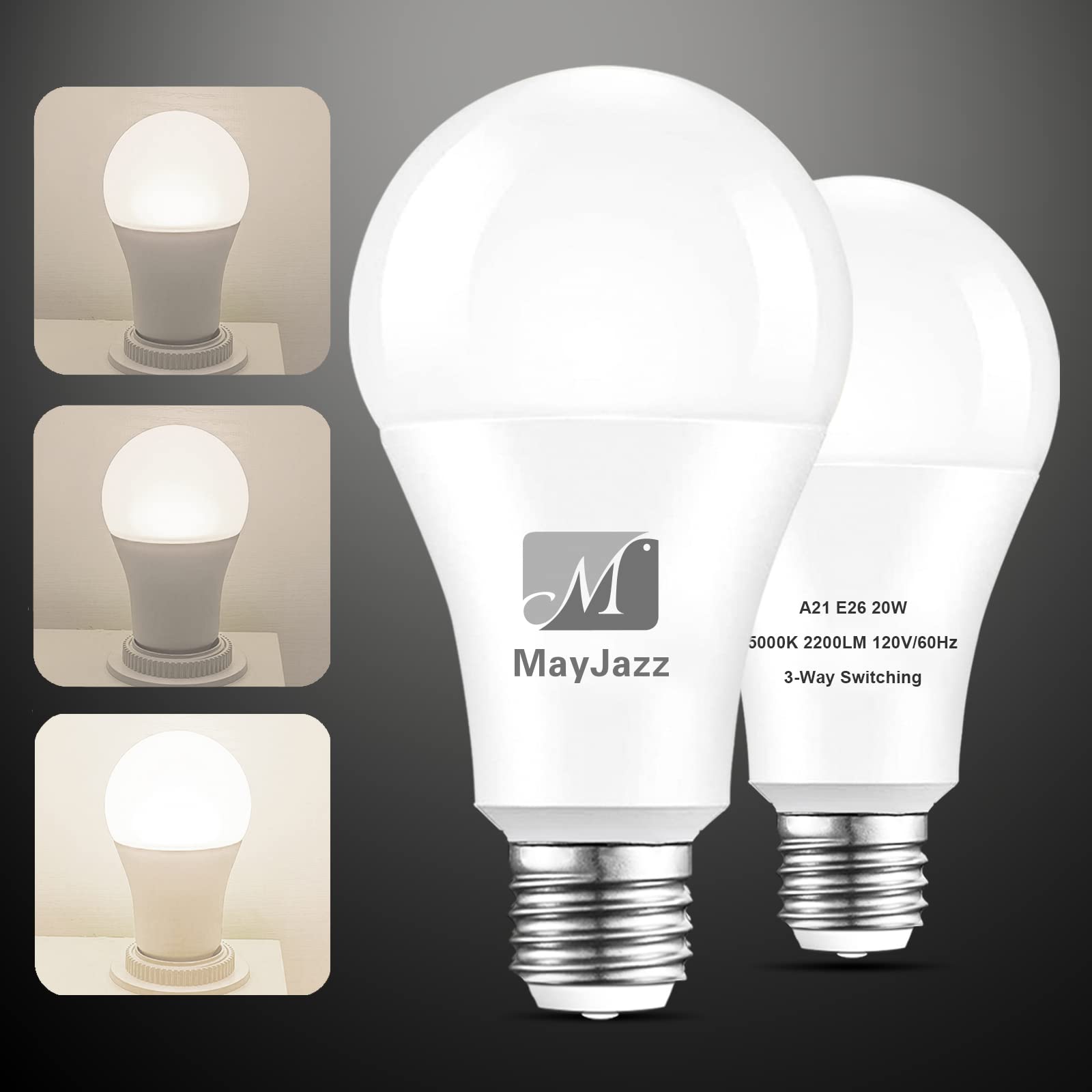 M MayJazz 3 Way LED Light Bulbs 50 100 150 Watt Equivalent,A21 Three Way Light Bulbs 5000K Dayligt White,6-14-20W,E26 Medium Base,2 Pack