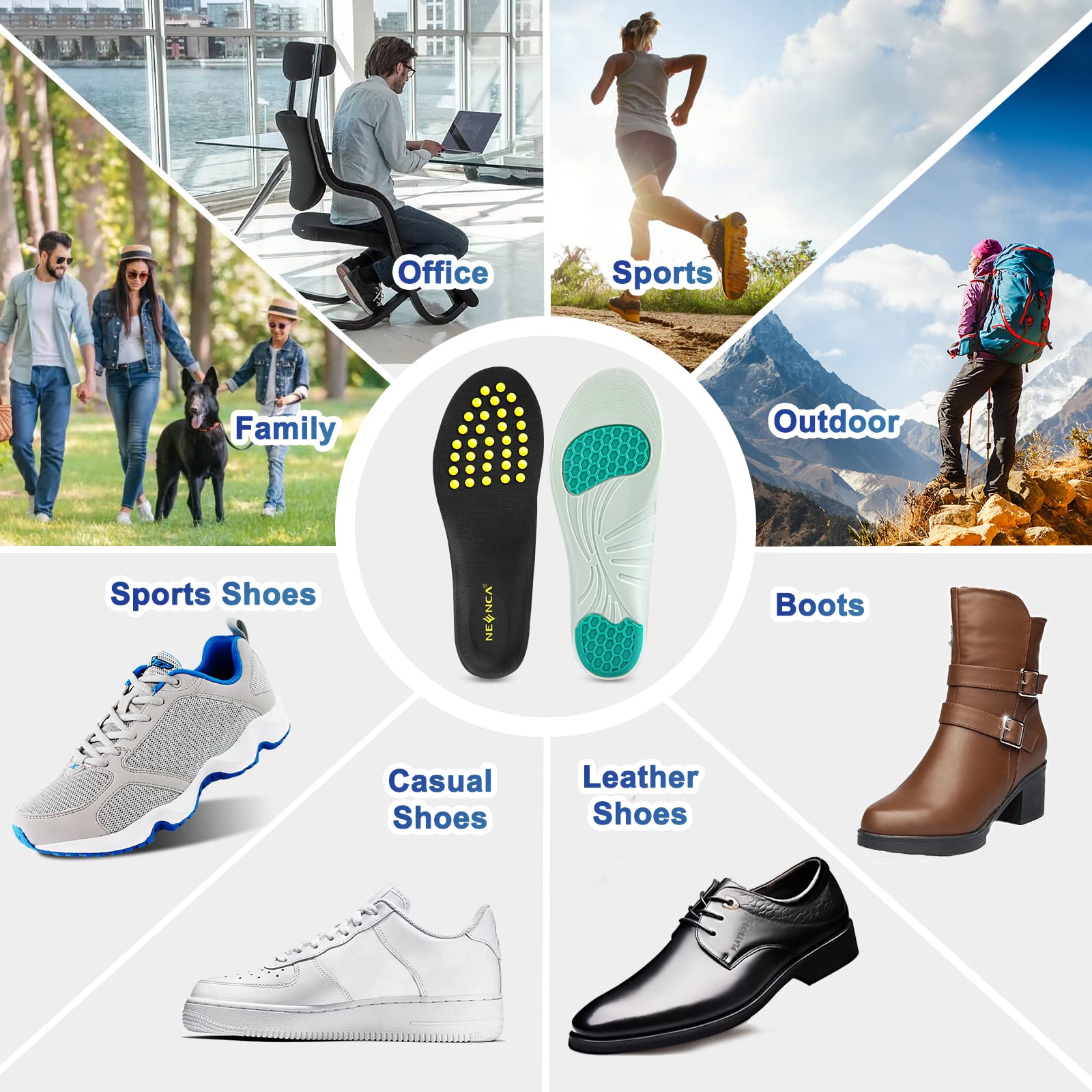NEENCA Professional Shoe Insoles, Comfort Memory Foam Cushioned Shoe Inserts, Medical Grade Shock Absorption Boot Insoles, Soft Support for Arch/Foot/Heel Pain Relief, Everyday Use