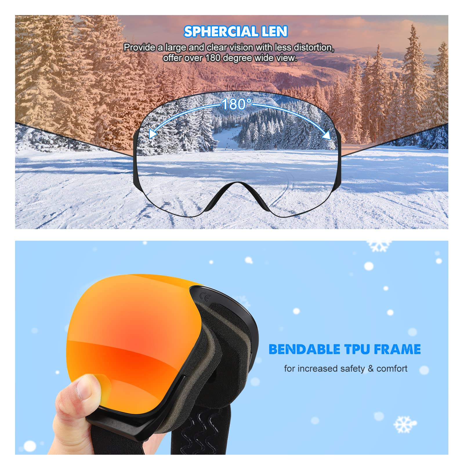 KUYOU Ski Goggles, Snowboard Goggles, Mag-Pro Magnetic Interchangeable Lenses, UV400 Protection Snow Goggles for Men & Women