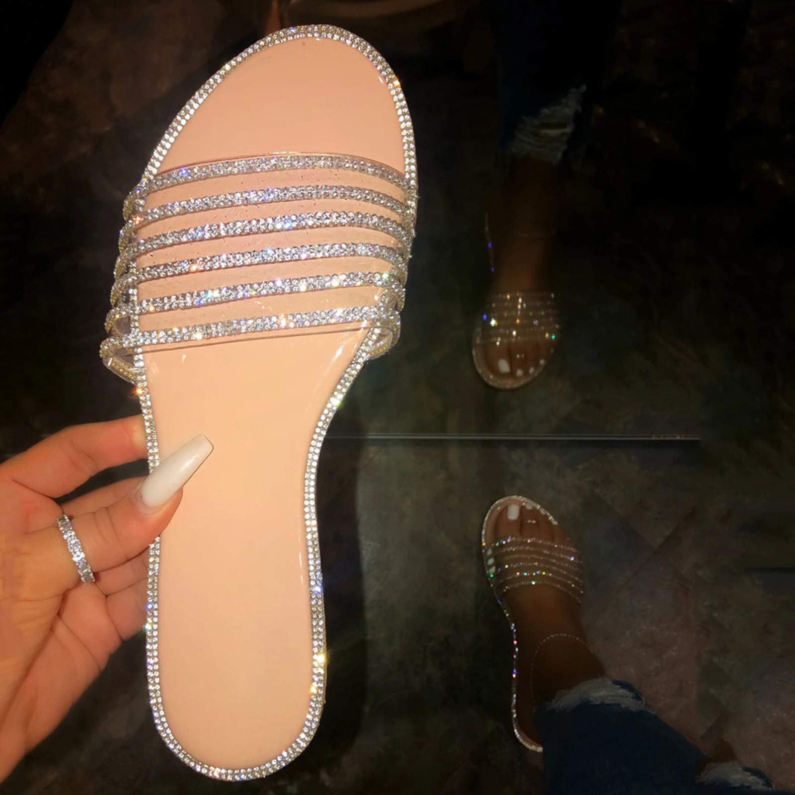 NOLDARES Sandals for Women Summer Casual Open Toe Rhinestone Slipper Slip-On Comfy Casual Flat Sandals