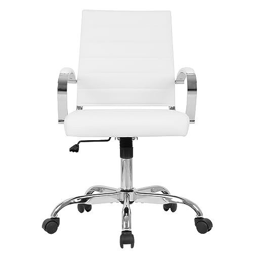 LANDSUN Home Office Chair Mid Back Desk Chair PU Leather Ribbed Executive Swivel Computer Chair with Wheels and Armrests Soft Padded Adjustable Height Conference Task White