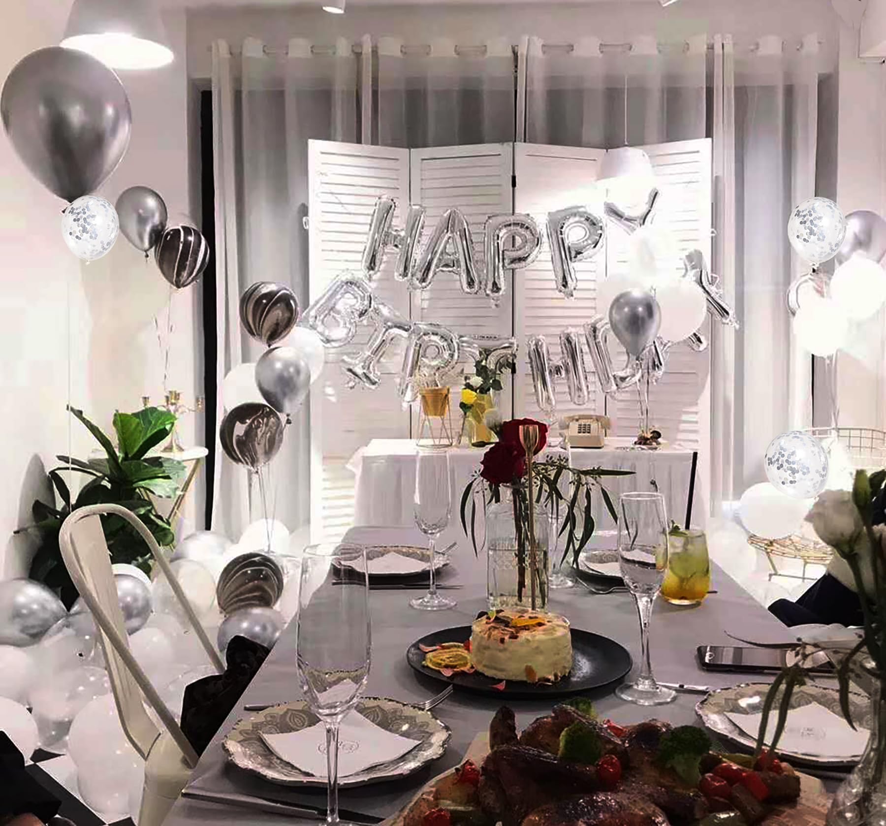 Mayen 50 Pcs 12 Inches Black Silver White Balloons Set, Black Marble Balloons, Silver Metallic and Silver Confetti Balloons, Black and Silver Birthday Party Decorations, Silver Graduation Decorations