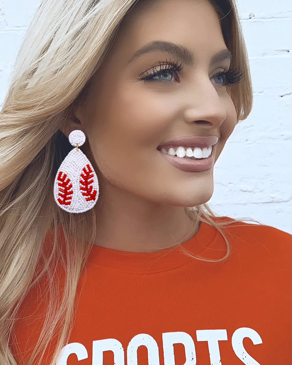 NLCAC Beaded Baseball Teardrop Earrings Handmade Statement Beaded Drop Dangle Earrings Sports Earrings Holiday Party Game Jewelry for Women White