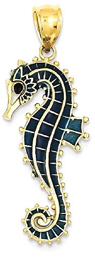 IceCarats 14K Yellow Gold Blue Seahorse Necklace Charm Pendant 36mm x 12mm Only