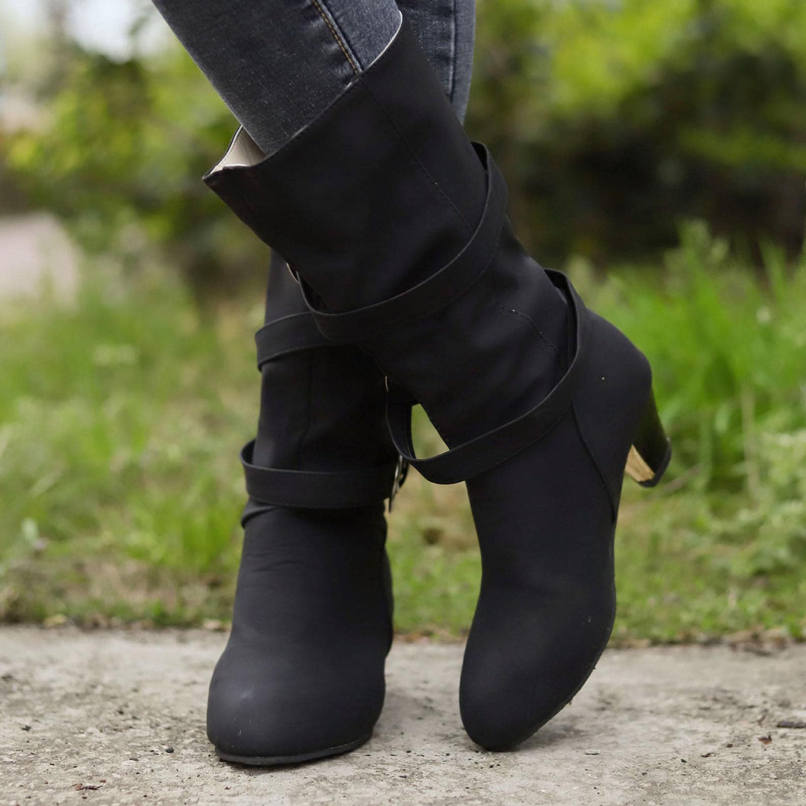 NOLDARES Women's Mid Calf Boots Pointed Toe Pull On Embroidery Mid Heel Cowgirl Boots Women Chunky Heel Boots