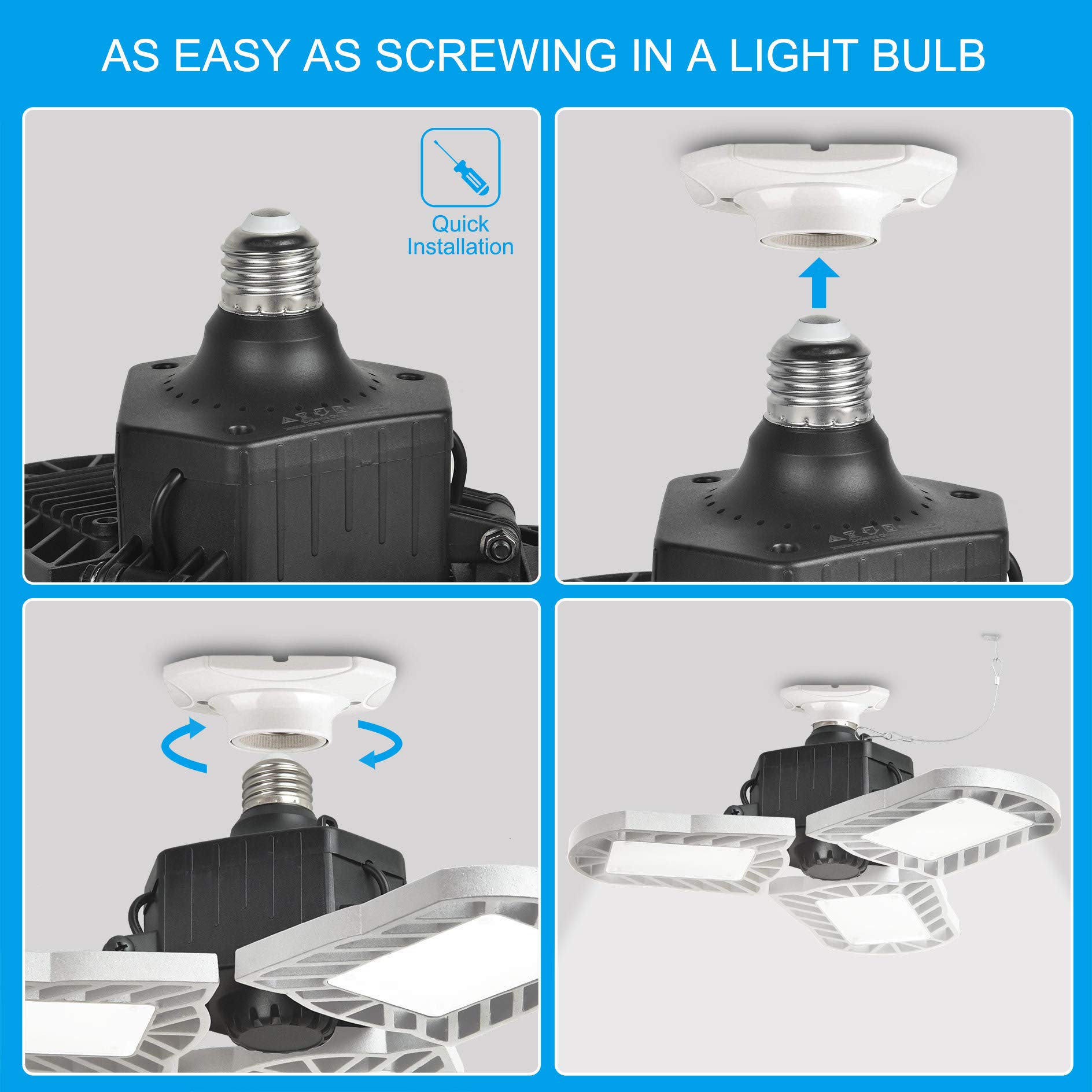 LED Garage Light - Bright Garage Ceiling Light Triple Light 6000K 6000LM E26 Deformable LED Shop Light with 3 Adjustable Aluminum Panels,Honesorn Garage Lamp for Warehouse (No Motion Activated)