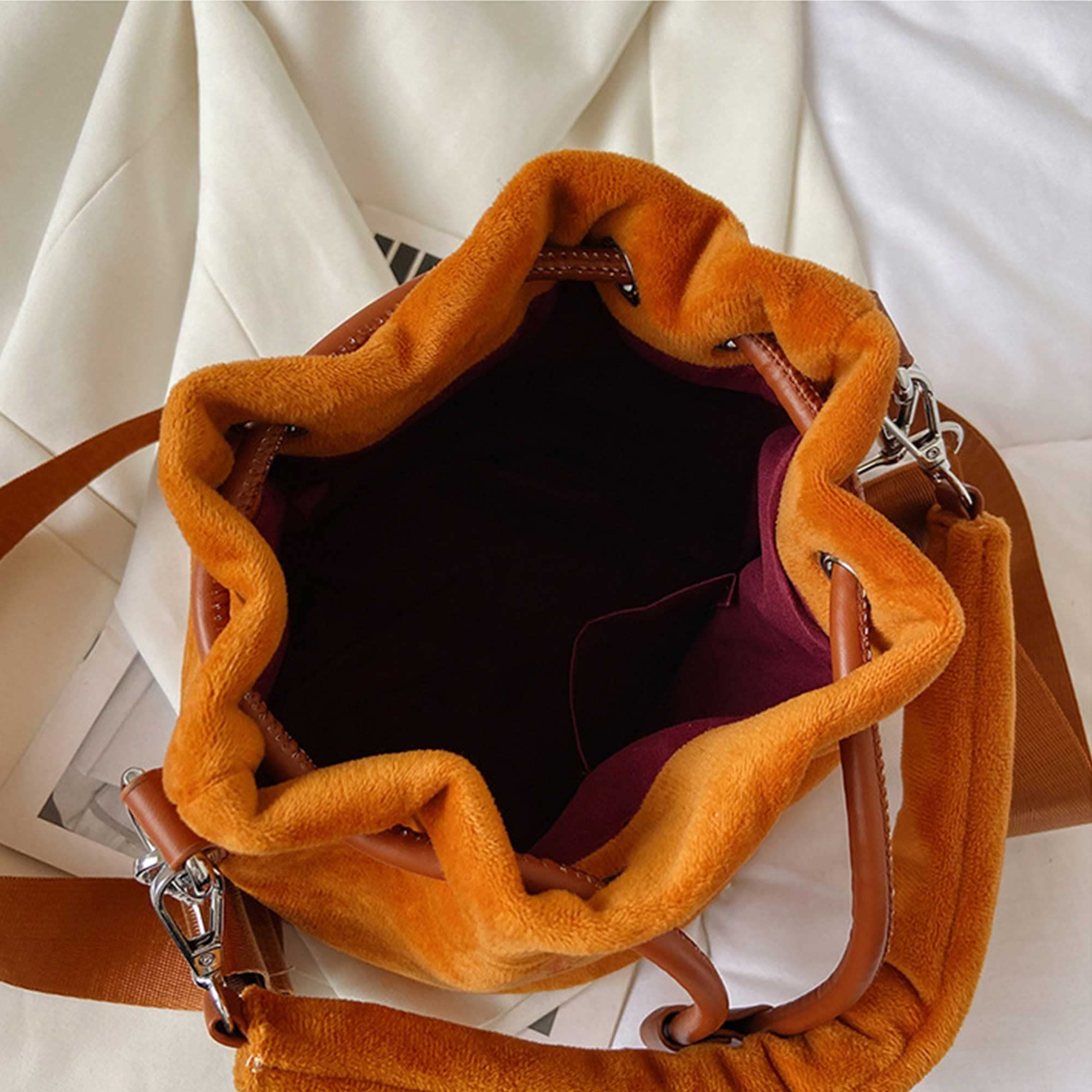 Qiayime Bucket Bag for Women, Mini Shoulder Bag Purses Soft Plush Top-Handle Crossbody Bucket Bag Drawstring Handbag Hobo Bag (Black)
