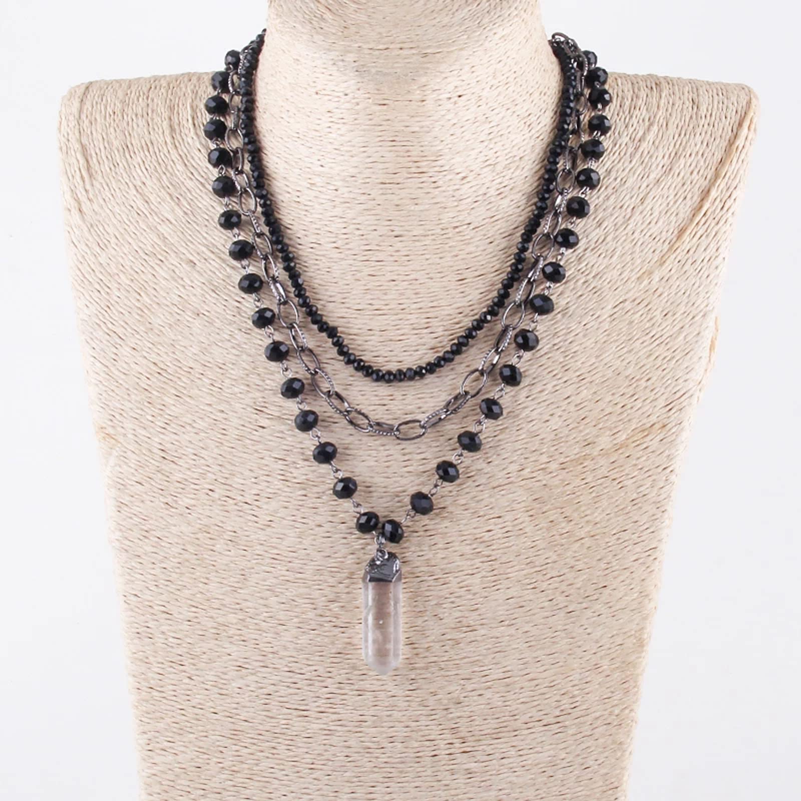 NW Grunge Necklace Gothic Punk Cross Rosary Black Beaded Crystal Goth Statement Emo Multi Layered Choker Necklace for Women