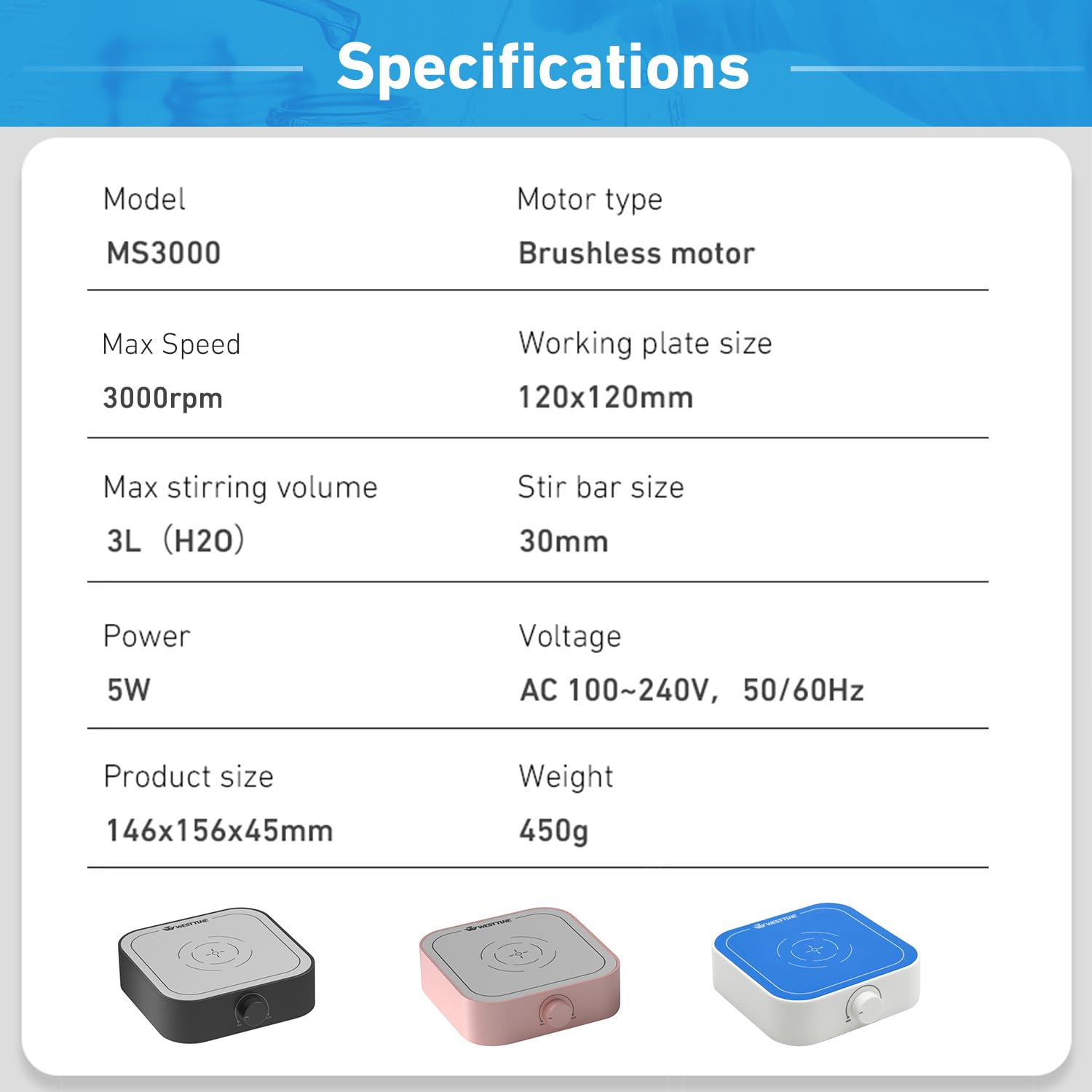 WEST TUNE 3000rpm Magnetic Stirrer Mixer with Stir Bar, Brushless DC Motor Max 3000ml Magnetic Stir Plate Mixer Black-White(No Hot)