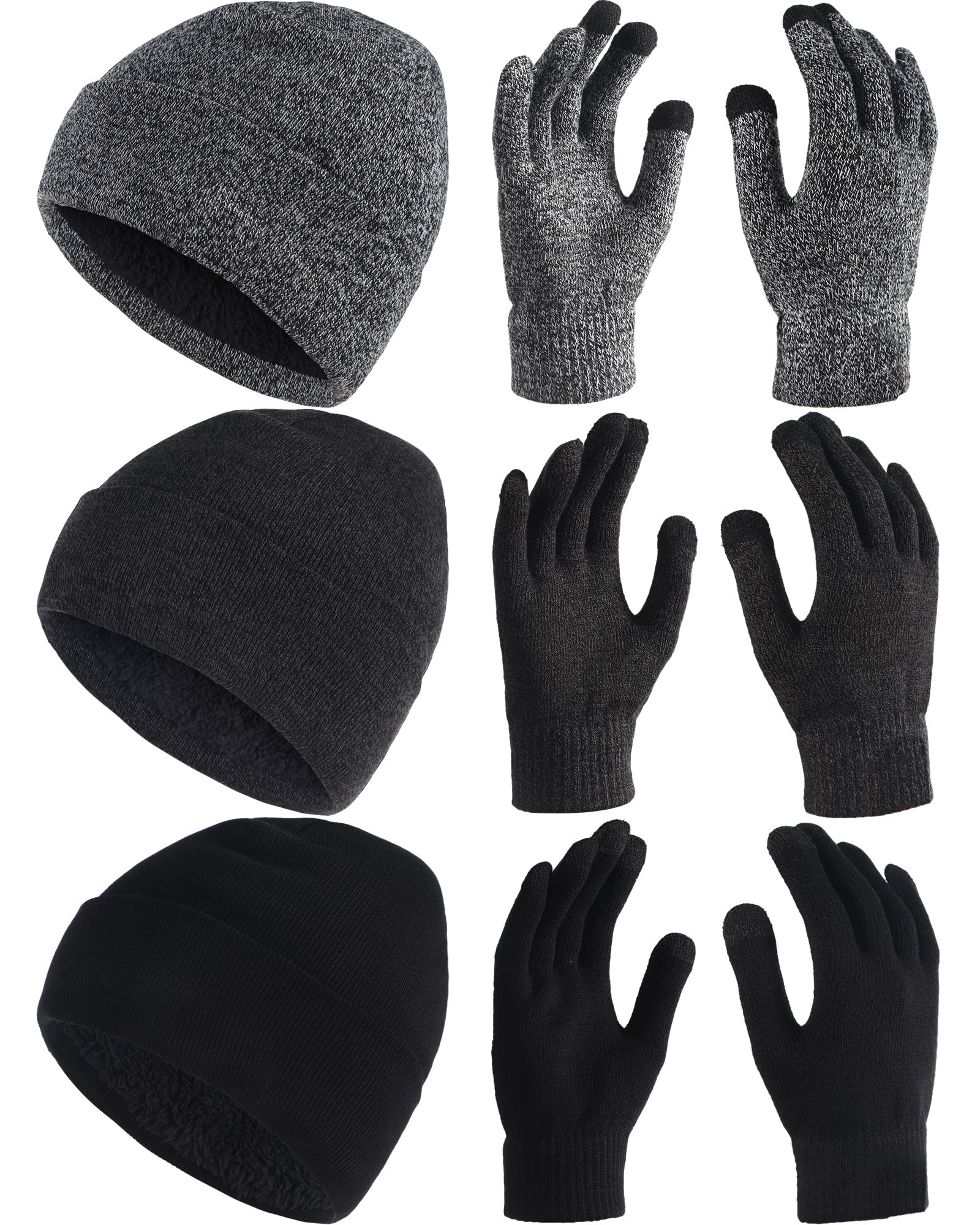 Liitrsh 6 Pcs Winter Warm Beanie Hat Touchscreen Gloves Set Knit Hat Warm Cap Gloves Set for Men and Women Touchscreen Gloves Set with Fleece Lined Soft Warm Beanies Winter Gloves for Men Women