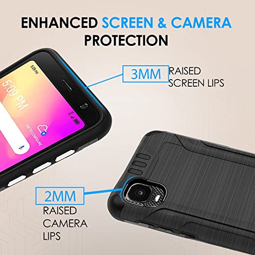 TJS Compatible with Alcatel TCL A3 A509DL Case/TCL A30 Case, with Tempered Glass Screen Protector, Magnetic Support Hybrid Shockproof Metallic Brush Finish Protector Phone Case Cover (Black)