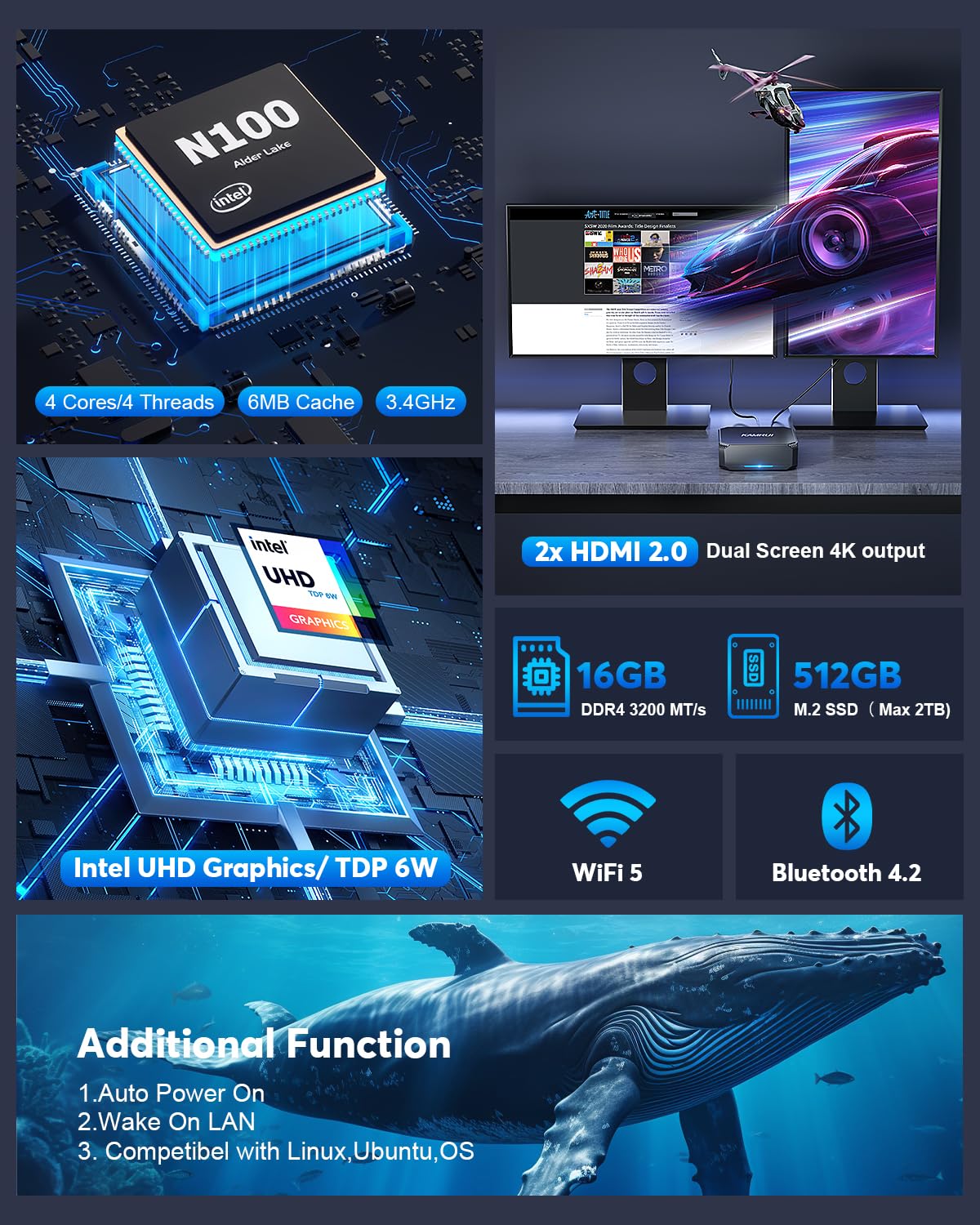 KAMRUI AK2 PLUS Mini PC, N100 Mini PC Windows 11, Intel 12th Alder Lake N100(Up to 3.4GHz), Mini Computers 16GB RAM 512GB SSD, Mini Desktop Computer 4K/WiFi/BT4.2, Micro PC Tower Ethernet for Office