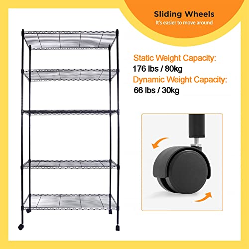 Ymlpre 5-Tier Wire Shelving Unit with Wheels, 35.43" W x 13.78" D x 65" H, Height Adjustable Metal Shelf, Heavy Duty Organizer Garage Large Iron Storage Shelves NSF Metal Rack on Wheels, Black 65inch
