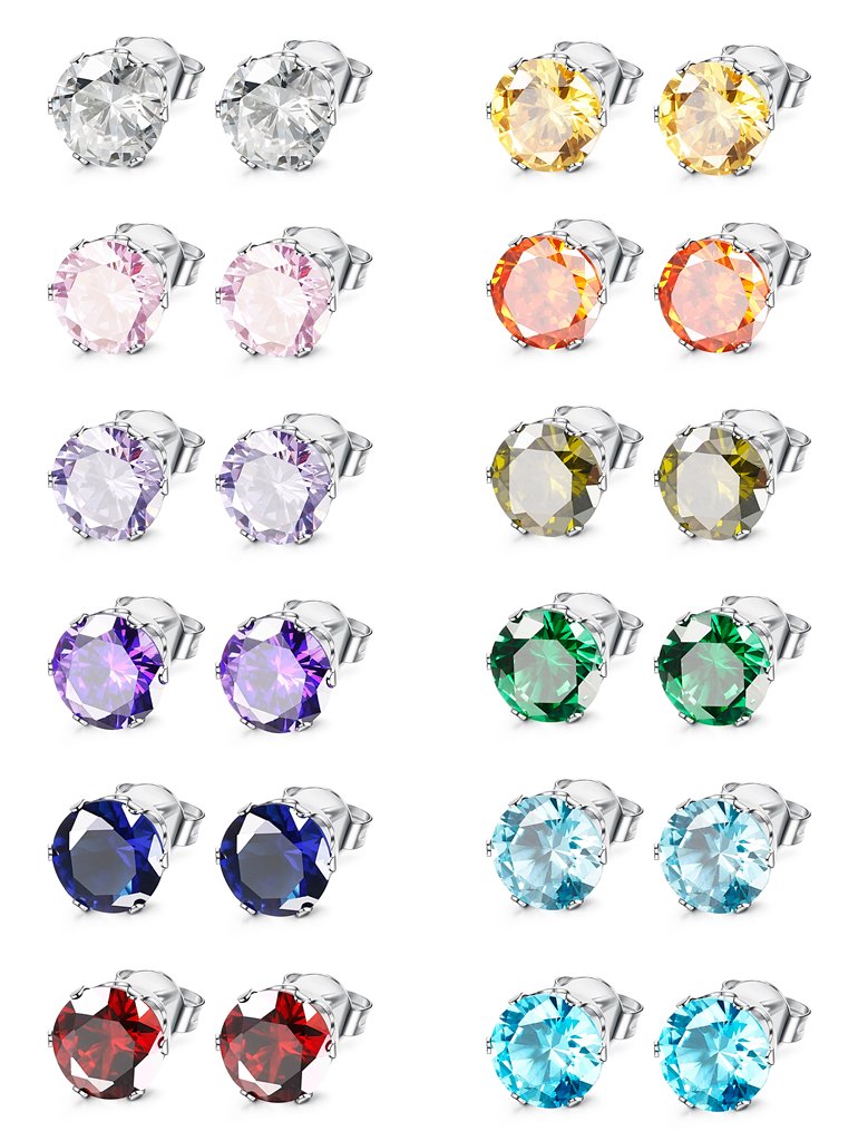 Jstyle Hypoallergenic Stud Earrings for Women Men Surgical Stainless Steel Birthstone Earrings Studs Colorful Cubic Zirconia Earrings Set Womens small Stud Post Earrings for Sensitive Ears