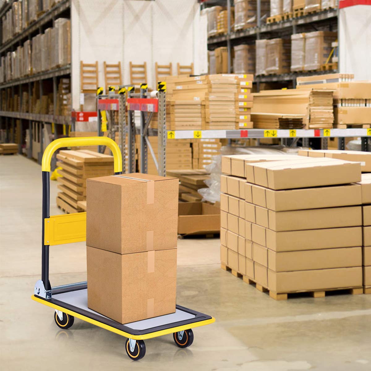S AFSTAR Folding Push Cart Dolly, Rolling Platform Cart for Garage Warehouse, Portable Flatbed Cart with Non-Slip Swivel Casters (330Lbs Load-Bearing Capacity, Yellow)