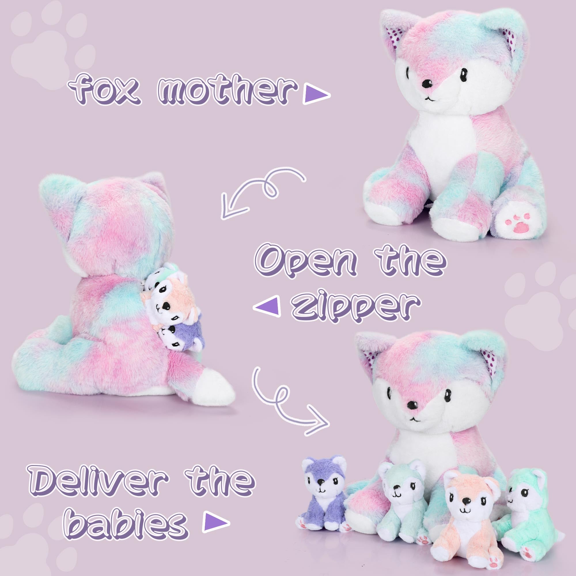 Pegmapri Rainbow Fox Stuffed Animals, Mommy Fox Plush with 4pcs Cute Baby Fox Plushie Set for Boys Girls