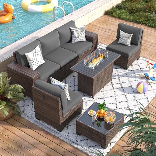 VONZOY Patio Furniture Set with Fire Pit Table, 7 Piece Outdoor Sectional Conversation Sets Wicker Rattan Sectional Sofa with Coffee Table for Patio Garden Backyard, 4'' Thickened Cushion Dark Grey