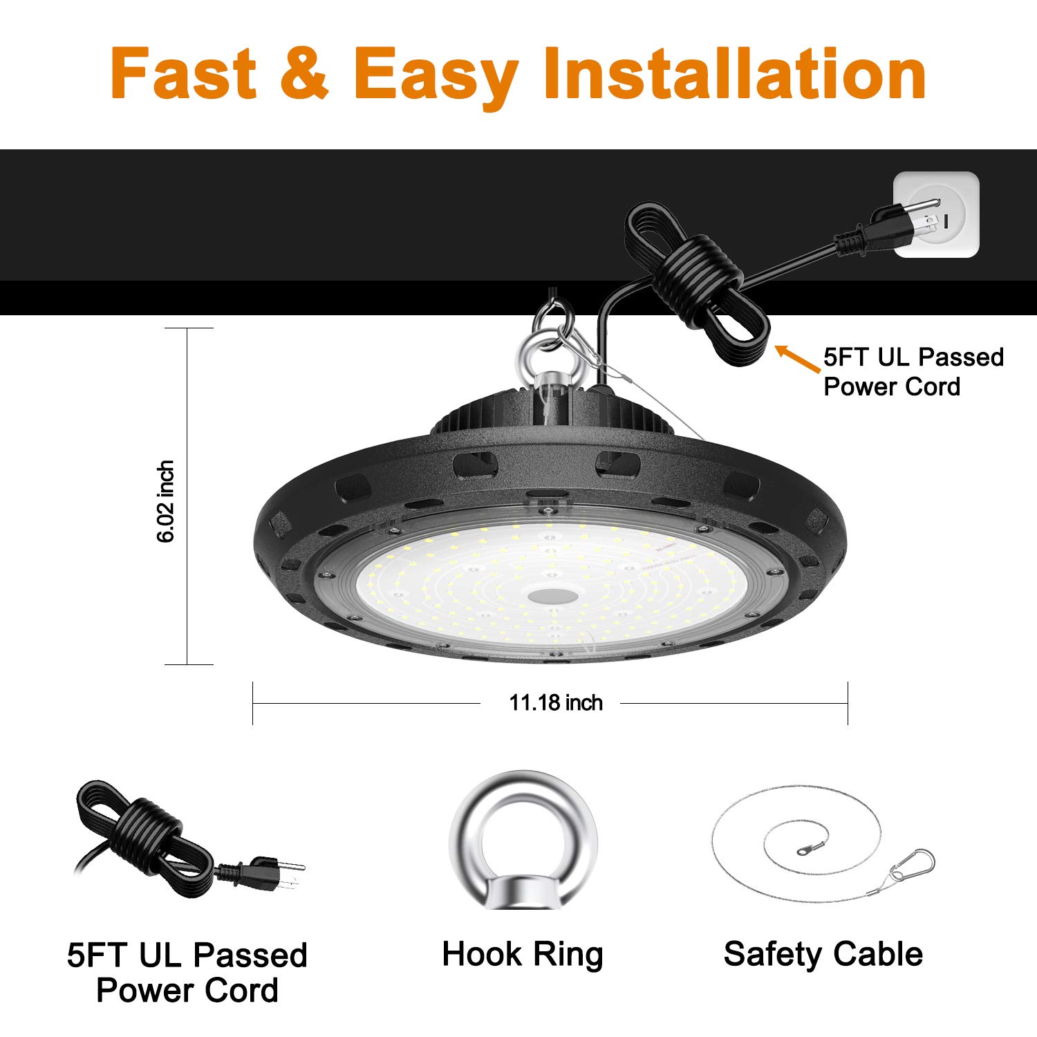 LED High Bay Light 100W 15,000lm 5000K Daylight 400W MH/HPS Equivalent with US Plug 5’ Cable UFO LED Shop Lights Commercial Warehouse Workshop Garage Factory Lowbay Area Lighting Fixture, Non-Dim