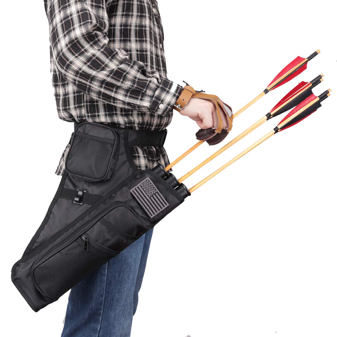 Kratarc 3-Tubes Hip Quiver Waist Hanged Camouflage Arrow Archery Carry Bag with Pockets Adjustable Belt (Black)