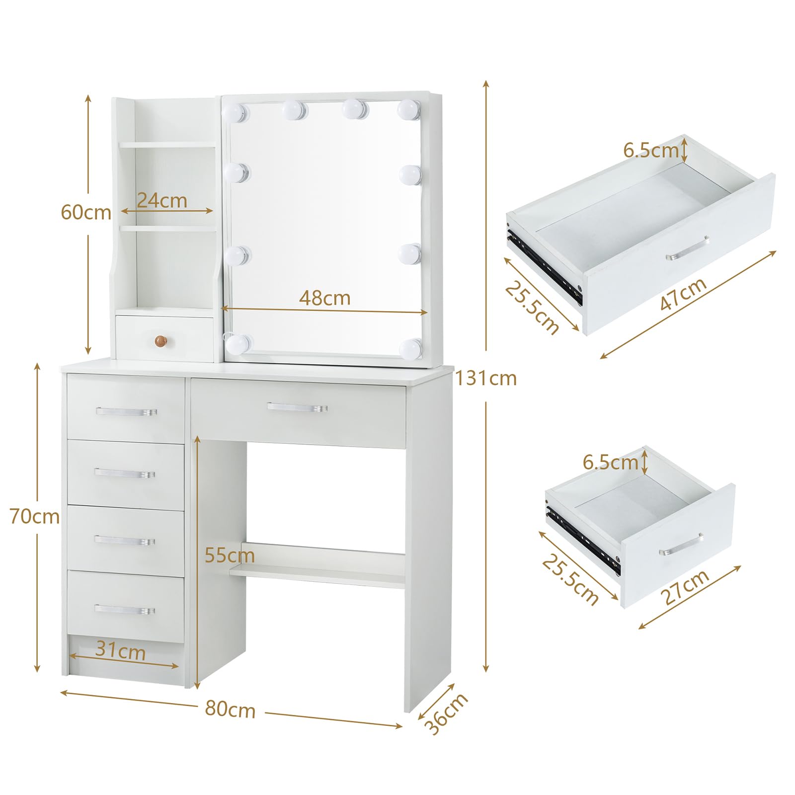 Kkonetoy White Modern Makeup Vanity Desk with Lights and Mirror, Vanity Dressing Table with Cushioned Stool, Makeup Vanity Table Set with Drawers for Girls Bedroom
