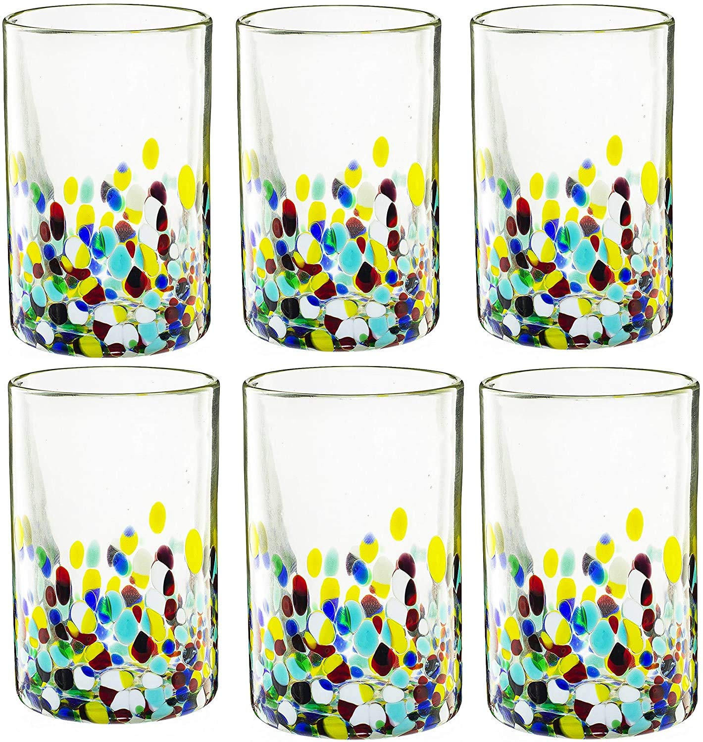 Mexican Confetti Drinking Glasses - Set of 6 - Confetti Rocks 16 oz Drinking Glasses, set of 6, Mexican Handmade Multicolor Glassware, Recycled Glass, Lead & Toxin Free, Dishwasher Safe Glassware