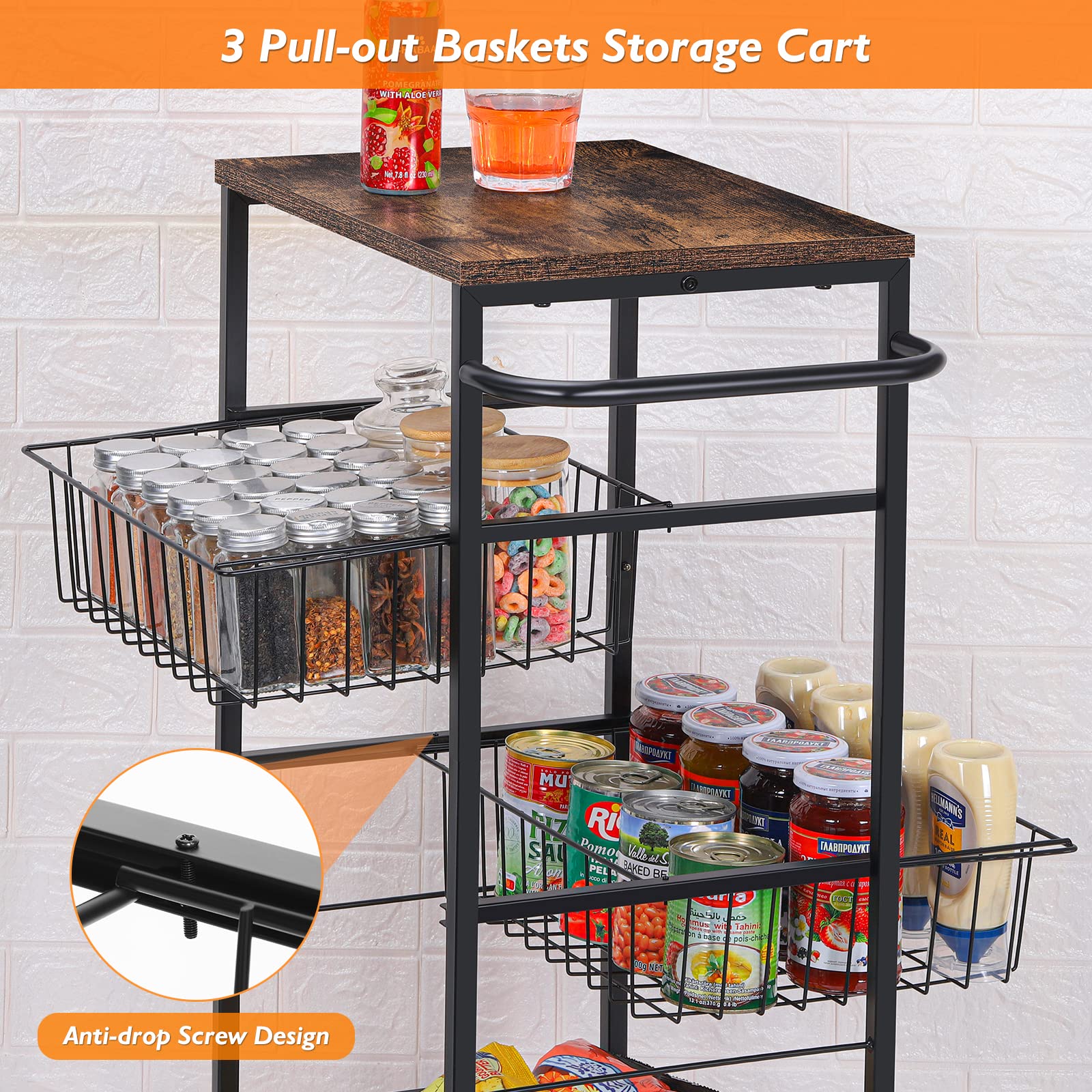 Kitchen Carts on Wheels, Rolling Storage Carts 4 Tier, Utility Service Cart Fruit Storage Baskets Rack for Potato Snack Industrial Island Food Trolley with Handle for Kitchen Bathroom Laundry