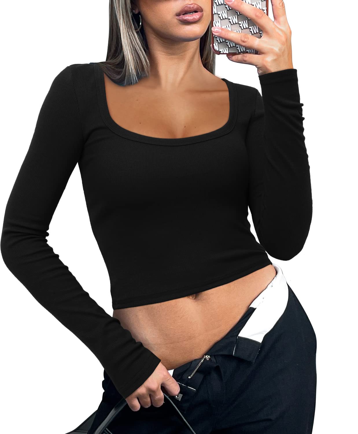 QUYEA Women's Square Neck Long Sleeve Ribbed Slim Fitted Shirts Tops Casual Basic Bodycon Crop Top Black,X-Large