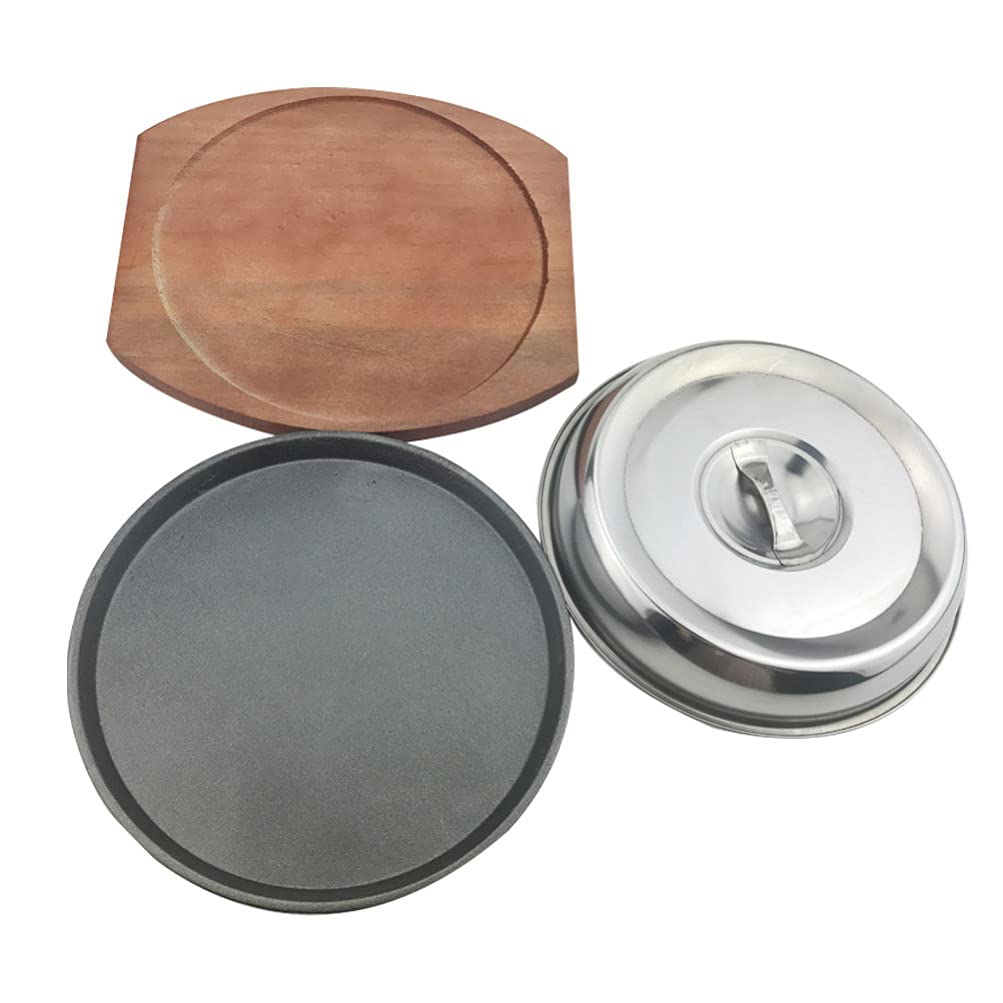 Operitacx 1 Set Western Food Cover Korean Barbecue Dish Sizzling Steak Plate Korean BBQ Grill Pan Metal Steak Plates Pan with Lid Japanese Steak Plate Stove Grill Delicatessen Wood Round