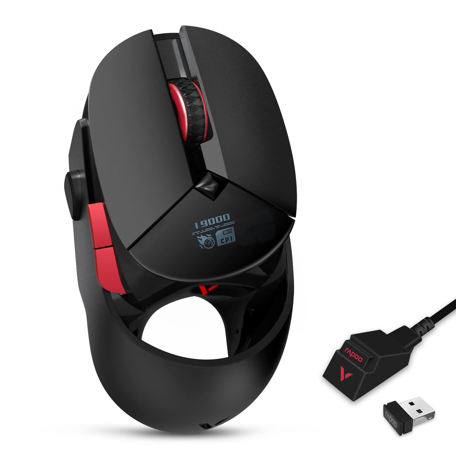 Rapoo VT960S High Performance Wireless Gaming Mouse PAW3370 Sensor 19000 DPI, OLED Display Wired/Wireless Modes with Lightsync RGB, 9 Programmable Buttons, On-Board Memory for PC Computer Laptop