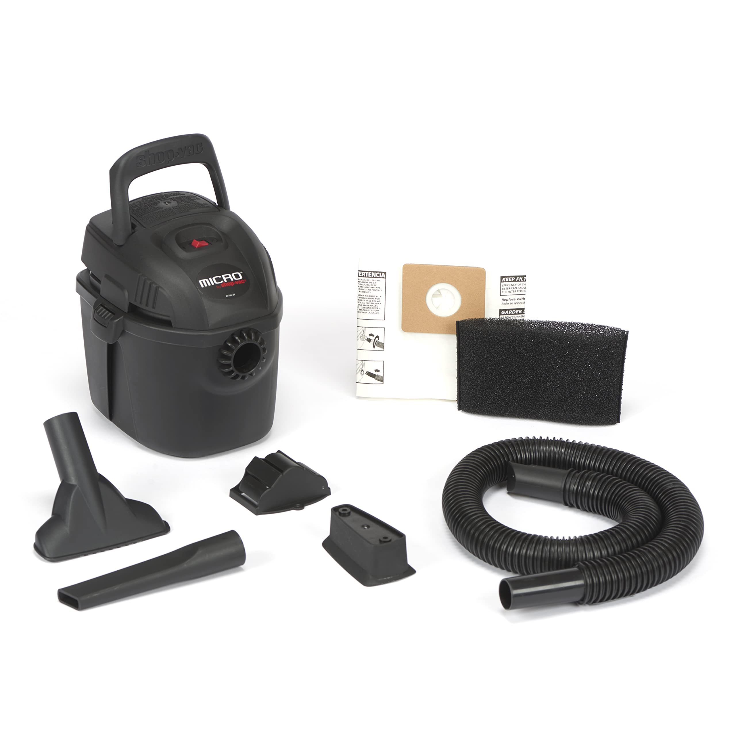 Shop-Vac 2021005 Micro Wet Dry Vacuum, 1 Gallon, 1-1/4 Inch x 4 Foot Hose, 50 CFM, (1-Pack) & 9061500 Round Brush Nozzle, Plastic Construction, Black in Color, 1-1/4 Inch Diameter Sleeve, (1-Pack)