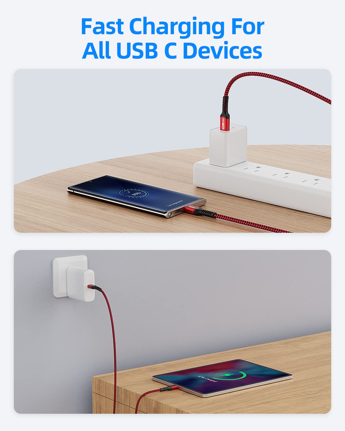 SUNGUY 100W USB C to C Cable 1.5FT, Braided USB 2.0 Type C to C Cable Fast Charging & Sync Compatible with Galaxy S23 S22 S21 Note 10, MacBook Pro 2021, iPad Pro 2020/Mini, Pixel 6 (Red)