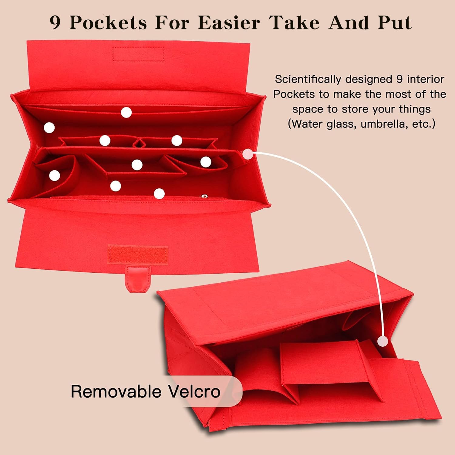 OAikor Bag Organizer Insert for Onthego GM 40 Handbag & Small D Book Tote, Felt Tote Bag Insert Organizer with Zipper and Cover, 9 Compartment, Bag in Bag(XL, Red)