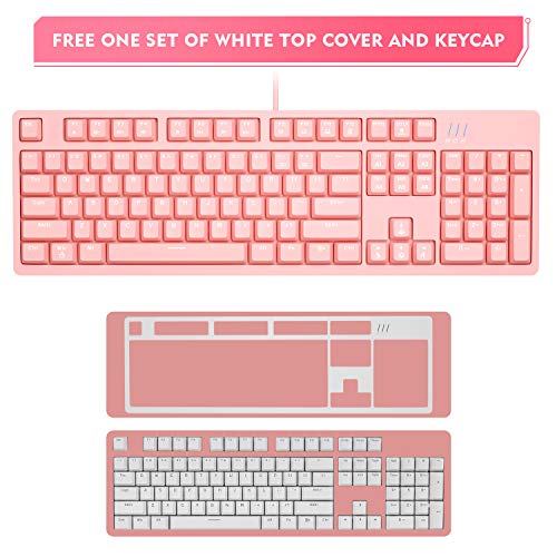 MageGee Mechanical Pink Gaming Keyboard MK-Armor LED Rainbow Backlit and Wired USB 104 Keys Keyboard with Blue Switches, for Windows PC Laptop Game(Pink&White)