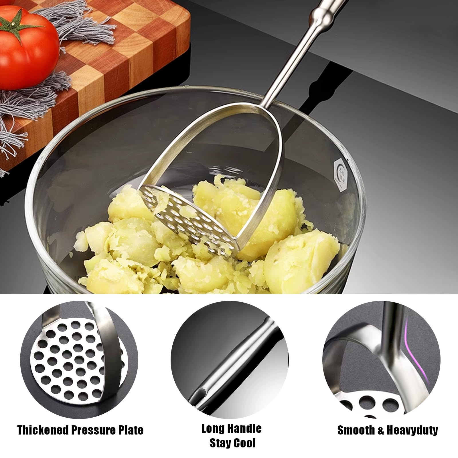 Potato Masher,Stainless Steel Mashed Potatoes Masher with Long Handle for Beans,Avocado,Fruit,Vegetables.One Piece Construction Heavy Duty Masher Kitchen Tool