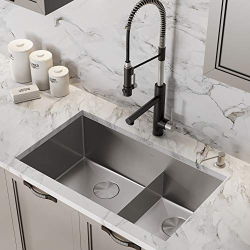 Kraus KHU103-32 Standart PRO 32 inch 16 Gauge Undermount 60/40 Stainless Steel Set (8 Item Bundle: Sink, Bottom Grid Assembly, Drain Cap x2, Kitchen Towel), 32, 50/40 Double Bowl, Silver