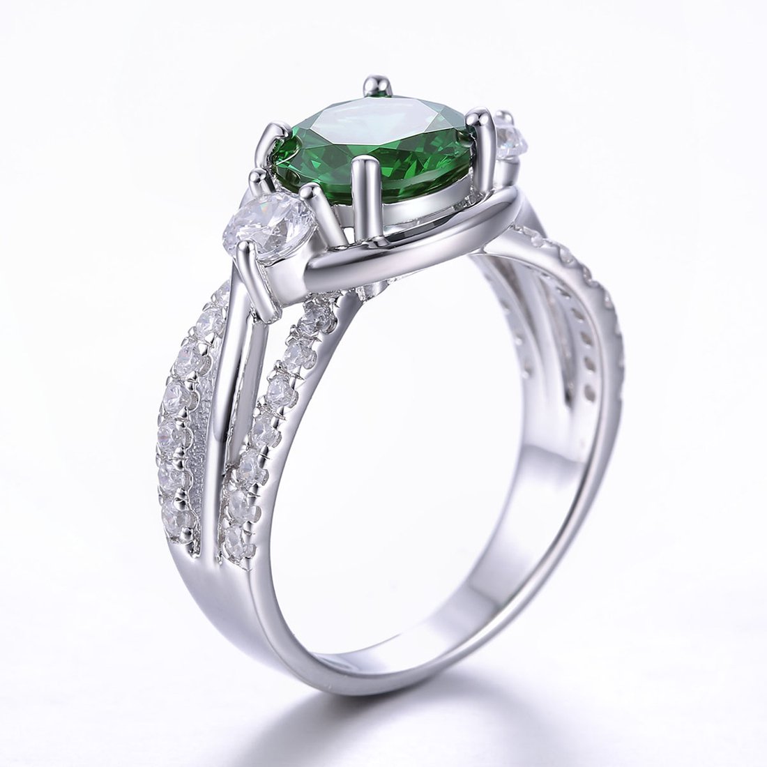Merthus 8x8mm Round Simulated Emerald 925 Sterling Silver Criss Cross Band 3 Stone Engagement Ring for Women Size 6