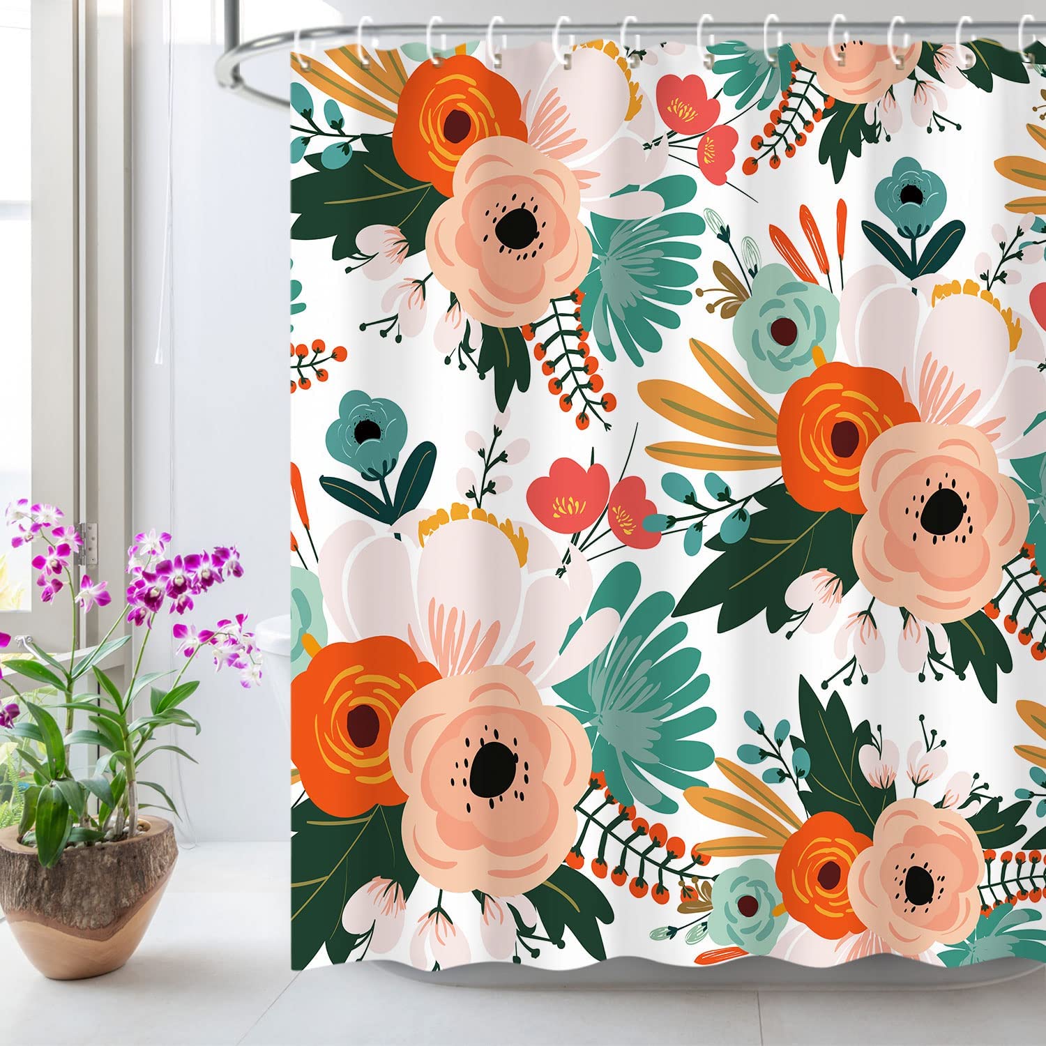 LIVILAN Floral Shower Curtain Colorful Flower Fabric Bath Curtain Set with Hooks Decorative Bathroom Curtain Machine Washable 72Wx72H Inches