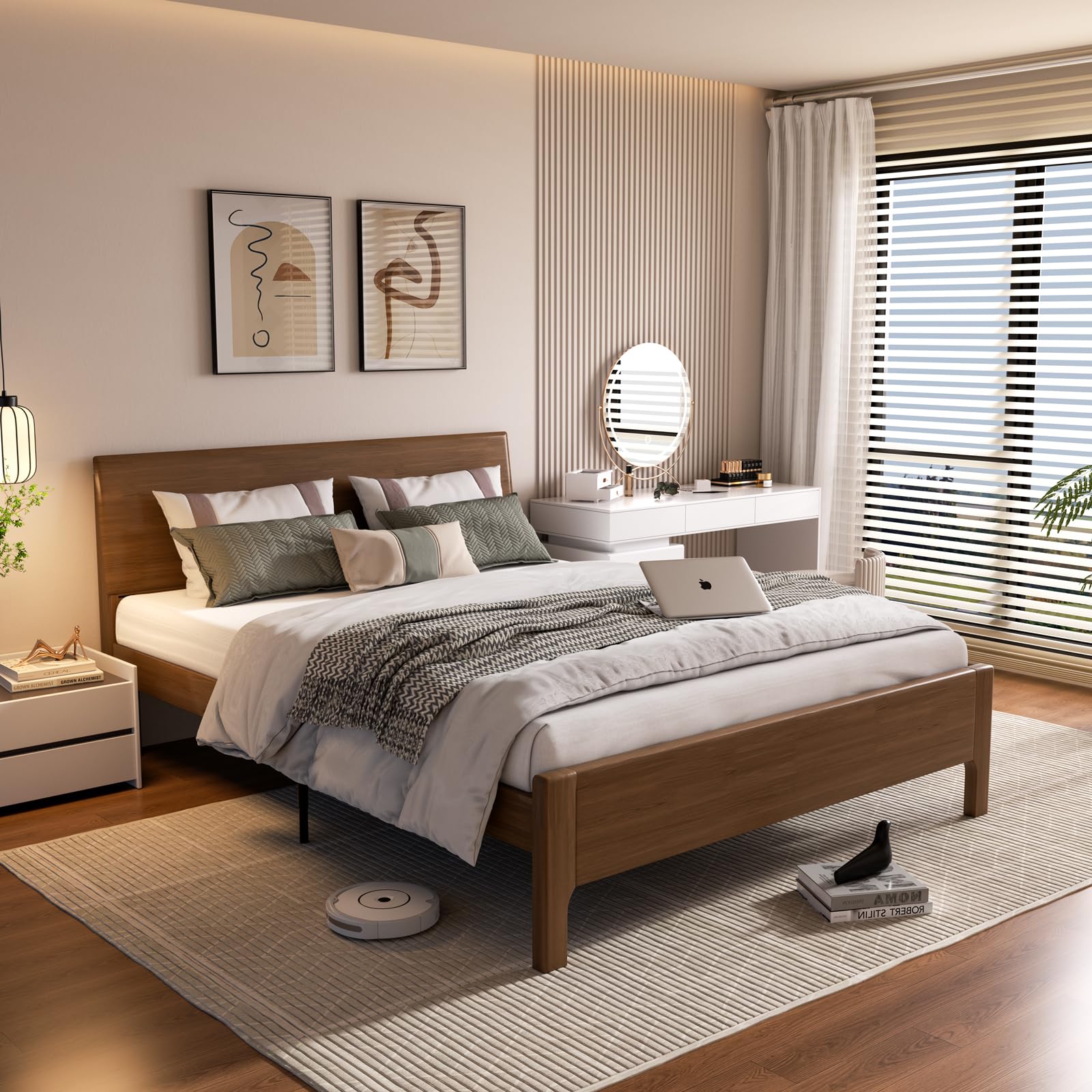 VOVUVK Queen Solid Wood Bed Frame with Headboard, Mid Century Modern Wooden Platform Bed, Wooden Bed Slats, No Box Spring Needed, Noise Free Easy Assembly (Walnut)
