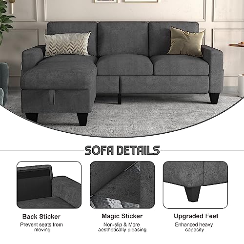 ZeeFu Convertible Sectional Sofa Couch,Grey Snowflake Velvet Modern 3-Seat L-Shaped Upholstered Sofa Couch Set with Storage Reversible Ottoman and Pockets for Living Room Small Space Apartment