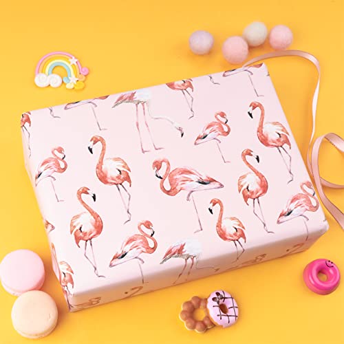 WRAPAHOLIC Reversible Wrapping Paper - Mini Roll - 17 Inch X 33 Feet - Flamingo and Polka Dot Design for Birthday, Holiday, Wedding, Baby Shower