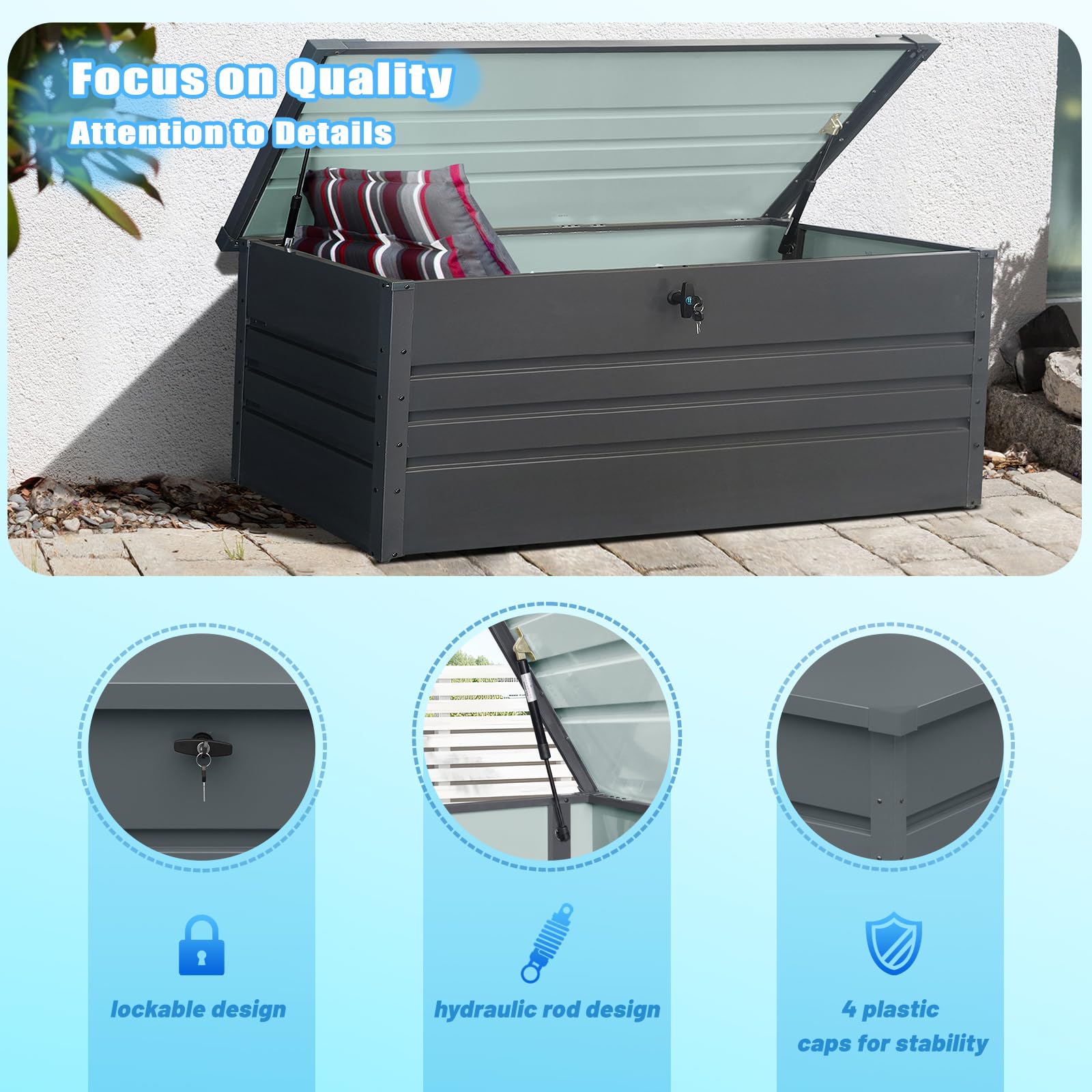 Zolyndo 260 Gallon Waterproof Outdoor Storage Box, Outside Metal Deck Storage Box for Patio Cushions, Garden Tools and Sports Pools Equipment (Extra Large)