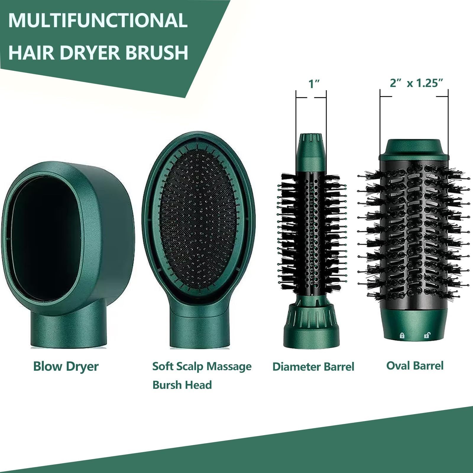 Necmuaih Retro Green Ceramic Hair Dryer and Brush Set, 4-in-1, Lightweight, Safe, and Quiet