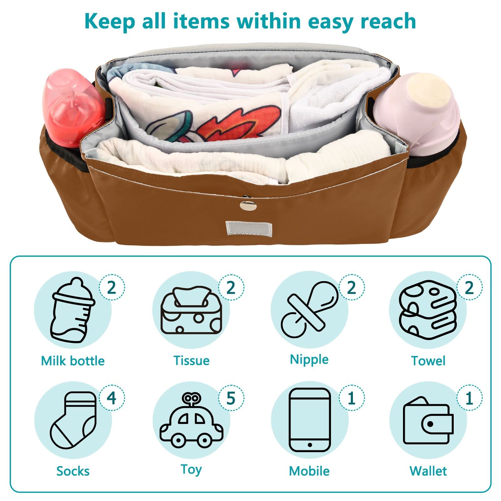 Saddle Brown Baby Stroller Organizer Large Capacity with 2 Cup Holder Adjustable Removable Shoulder Straps Abrasion-Resistant and Durable Fit Nearly Any Stroller