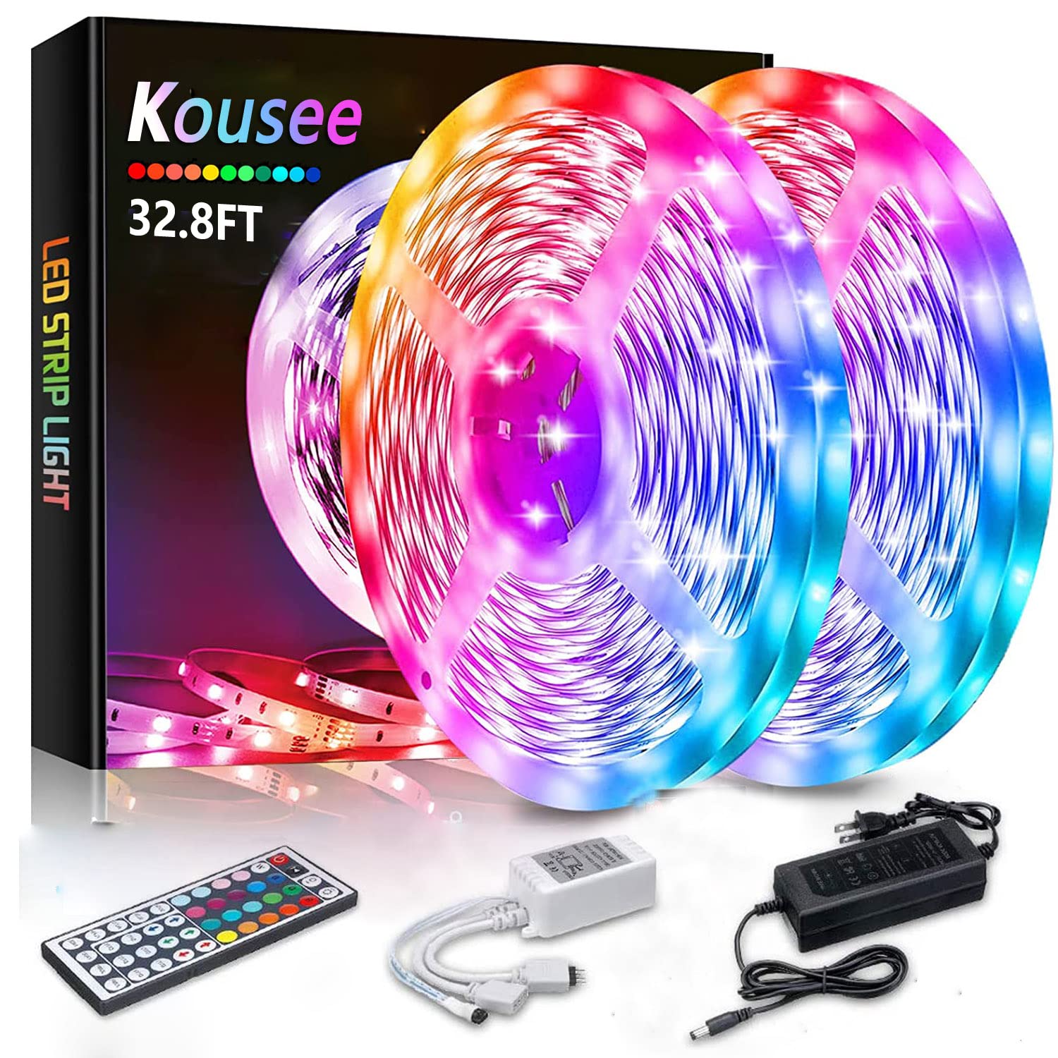 LED Strip Lights 32.8ft/10M,RGB 5050 LEDs Color Changing Full Kit, LED Rope Lights Flexible Tape Light Kit with 44 Keys IR Remote Controller and Power Supply, Mood Lighting Led Strips for Home Kitch